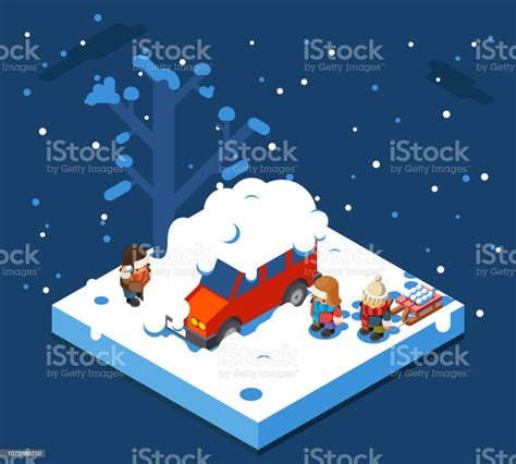 아이소메트릭 눈덩이 겨울 소년 썰매 눈 배경 평면 디자인 산책 벡터 일러스트 레이 션 12월에 대한 스톡 벡터 아트 및 기타 이미지 12월 가족 걷기 Istock