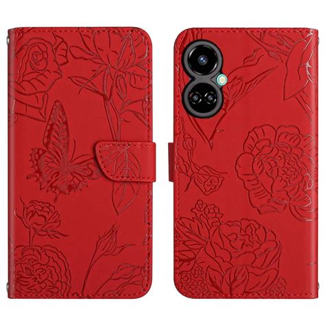 For Tecno Camon 19 4G HT03 Skin Feel Butterfly Embossed Flip Leather Phone Case Red Alexnld Com