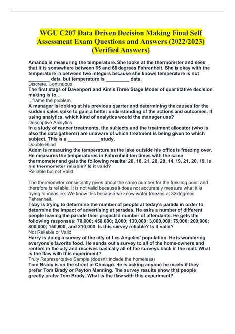 WGU C Data Driven Decision Making Final Self Assessment Exam Questions And Answers