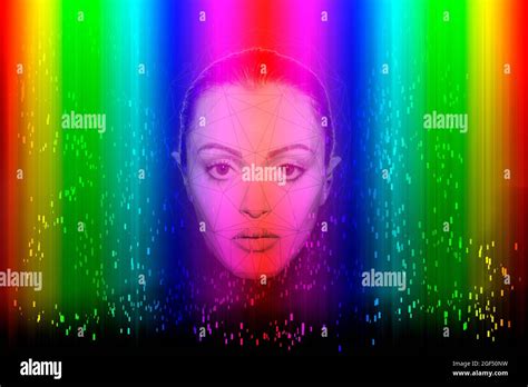 Young Woman With Face Recognition Artificial Intelligence Technology On Multi Colored Background