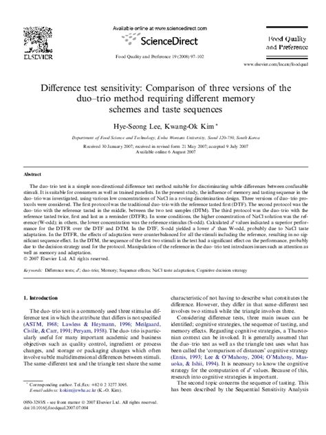 Pdf Difference Test Sensitivity Comparison Of Three Versions Of The Duo Trio Method Requiring