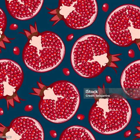 완벽 한 패턴 석류 과일과 씨앗 어두운 녹색 배경 신선한 유기농 음식 빨간 루비 과일 패턴입니다 벡터 일러스트입니다 0명에 대한 스톡 벡터 아트 및 기타 이미지 Istock