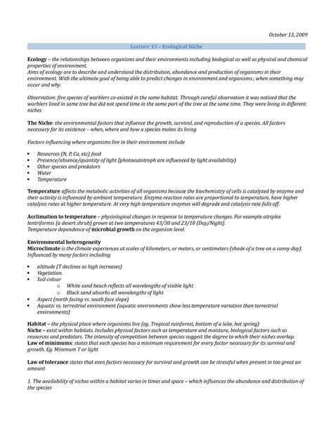 Lecture Notes Introduction To Ecology And Evolution Lecture 13 24 October 13 2009 Lecture 13