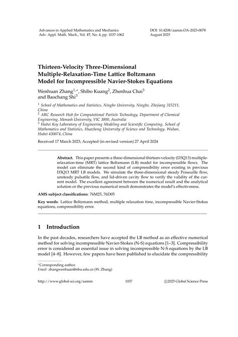 Global Science Press Thirteen Velocity Three Dimensional Multiple Relaxation Time Lattice