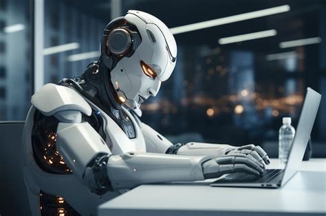 Premium Ai Image Humanoid Android Robot Working On Laptop In Office