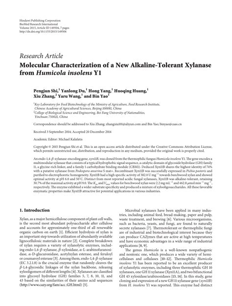 Pdf Molecular Characterization Of A New Alkaline Tolerant Xylanase From Humicola Insolens Y1