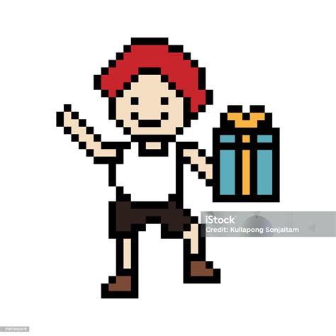 귀여운 픽셀 만화 8 비트 캐릭터 남자는 선물 상자 생일 크리스마스 보너스 보상 깜짝 장식 8 비트 남성 소년 선물 상자 쇼핑 보너스 크리스마스 날 게임 8 비트 벡터를