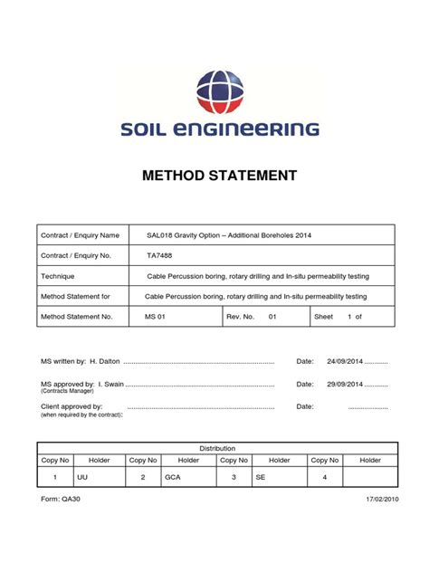 Method Statement Contracts Manager Drilling Rig Borehole