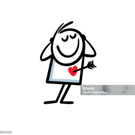 그의 피어싱 된 심장에 큐피드 화살과 사랑에 빠진 스틱 그림 남자는 눈을 감고 낭만적으로 꿈을 꾸고 있습니다 감정에 대한 스톡 벡터 아트 및 기타 이미지 Istock