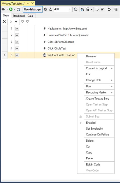 Test Step Context Menu Test Studio Dev Documentation Progress
