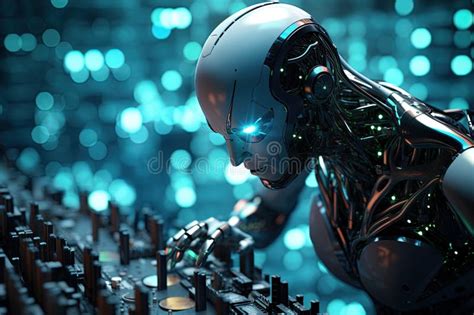 Robot Computer Programmer At Work Futuristic Concept Of Ai And