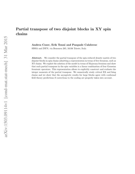 PDF Partial Transpose Of Two Disjoint Blocks In XY Spin Chains