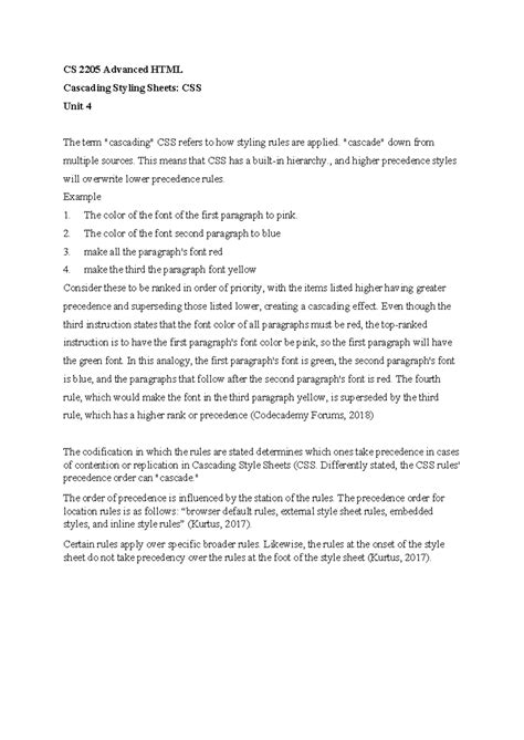 Cs 2205 Discussion Post Unit 4 Cs 2205 Advanced Html Cascading Styling Sheets Css Unit 4 The