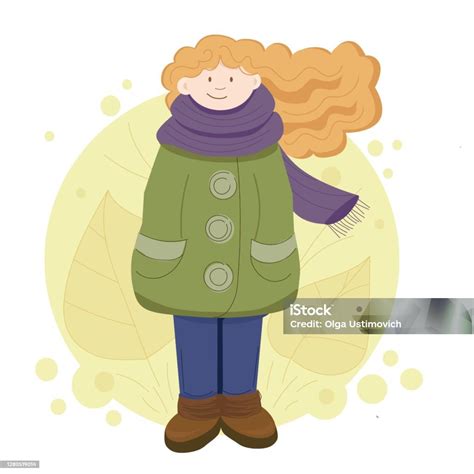 스카프를 가진 소녀와 벡터 이미지 배경에 노란색 잎이있는 가을 구성 코트와 부츠를 입은 소녀 오렌지 머리 행복한 가을 아침 10