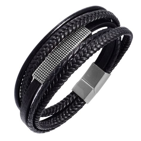Bratara Barbati Piele Neagra X 5 Otel Inoxidabil Lungime 21 Cm