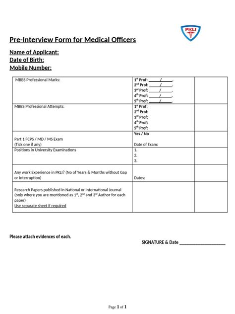 Medical Officer Interview Pre Form Pdf