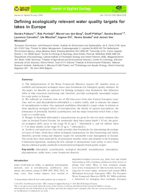 Pdf Defining Ecologically Relevant Water Quality Targets For Lakes In Europe