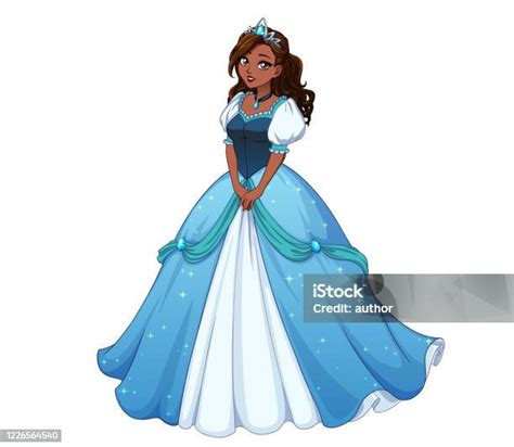 예쁜 만화 공주 서 파란색 공 드레스를 입고 검은 곱슬 머리 큰 갈색 눈 흰색 배경에 격리 된 손으로 그린 벡터 그림입니다 공주에 대한 스톡 벡터 아트 및 기타 이미지