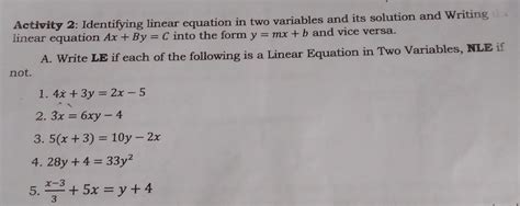 Solved Activity Identifying Linear Equation In Two Variables And Its Solution And Writing