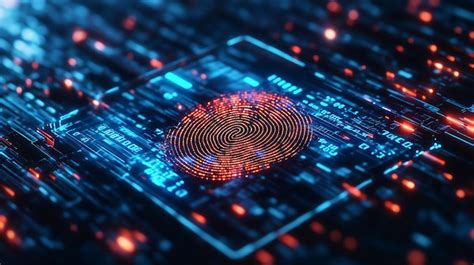 Abstract Red Fingerprint Hologram On A Digital Chip For Biometric Encryption Technology