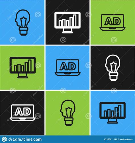 Set Line Light Bulb With Concept Of Idea Advertising And Monitor Graph Chart Icon Vector Stock