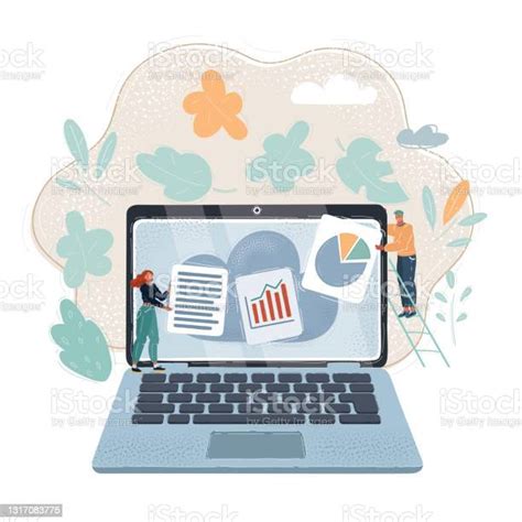 큰 노트북 화면에서 파일을 여는 여성과 남성의 그림 저장 데이터베이스 및 백업 개념을 저장합니다 사람들은 사무실에서 일합니다 개념에 대한 스톡 벡터 아트 및 기타 이미지