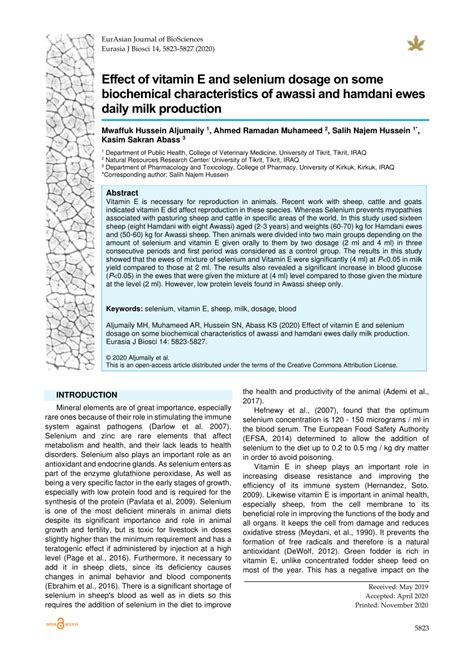 Pdf Effect Of Vitamin E And Selenium Dosage On Some Biochemical Characteristics Of Awassi And