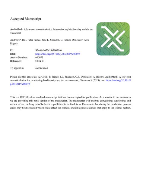 Pdf Audiomoth A Low Cost Acoustic Device For Monitoring Biodiversity And The Environment