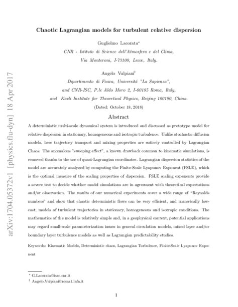 Pdf Chaotic Lagrangian Models For Turbulent Relative Dispersion