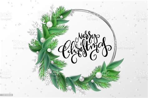 현실적인 가문비나무와 유 칼 리 나무 구슬 지점과 눈송이 레이블메리 크리스마스레터링 손으로 크리스마스 인사말 카드 서식 파일의 벡터 그림 0명에 대한 스톡 벡터 아트 및