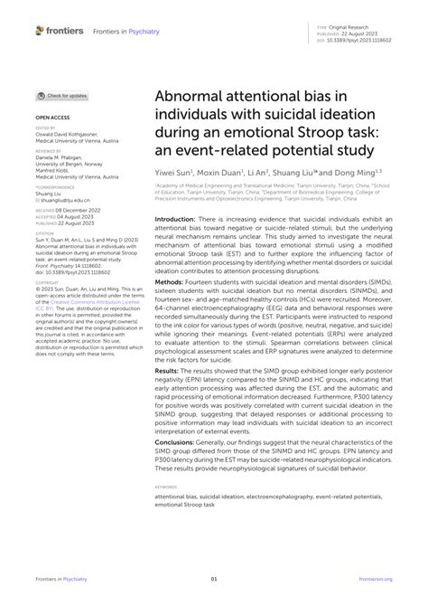 Pdf Abnormal Attentional Bias In Individuals With Suicidal Ideation