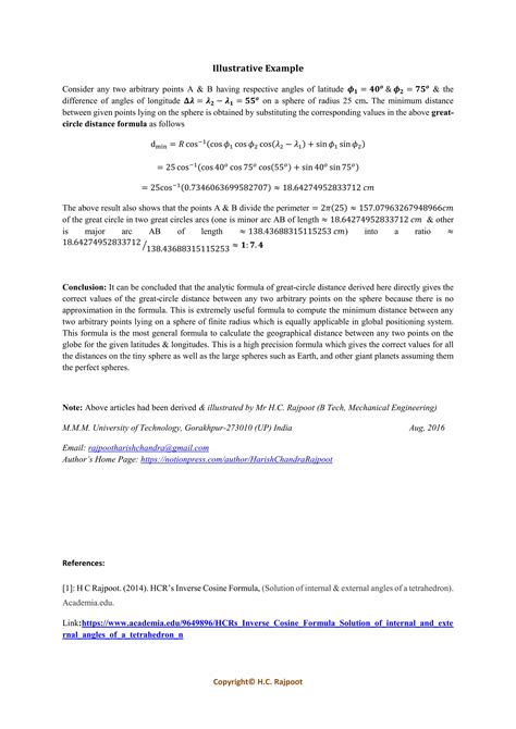 Derivation Of Great Circle Distance Formula Using Of Hcrs Inverse Cosine Formula Minimum