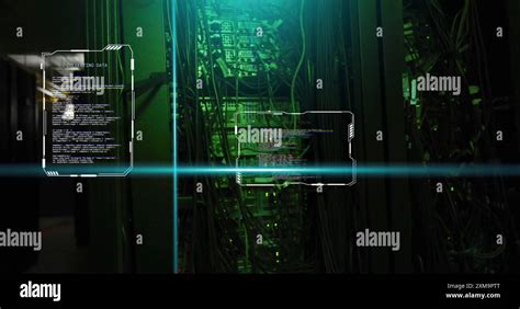 Ai Data Coding Image Over Server Racks With Green Lighting Technology