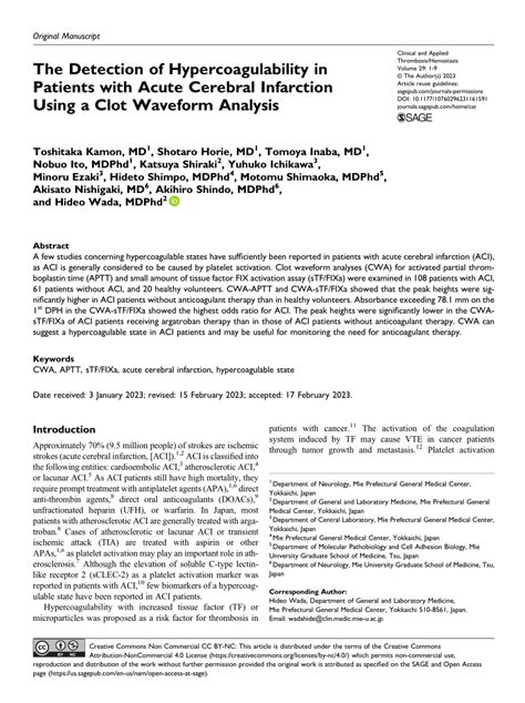 Pdf The Detection Of Hypercoagulability In Patients With Acute Cerebral Infarction Using A