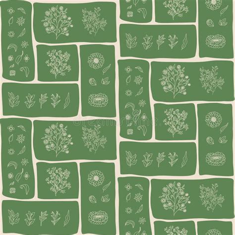 Patchwork Seamless Pattern With Various Floral And Botanical Elements Arranged In Rectangular