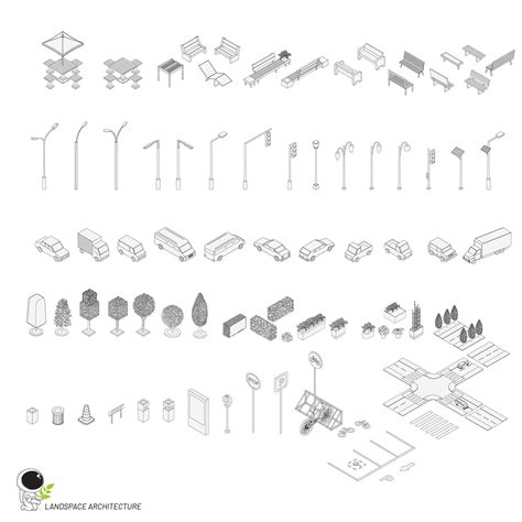 Isometric Urban Furniture Kit Street Lights And Lighting Fixtures