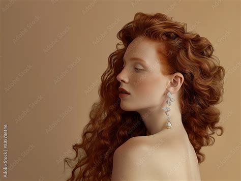 주얼리 룩북 긴 빨간 머리 곱슬 머리를 가진 측면 프로필 백인 모델 어깨는 편안하고 귀는 눈길을 끄는 다이아몬드 귀걸이 베이지 배경 Foto De Stock
