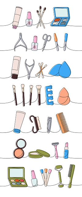 메이크업 및 미용 도구 한 줄 컬러 연속 그리기 화장품 크림 브러쉬 매니큐어 스폰지 머리 빗 한 줄 연속 그림 개체 그룹에 대한