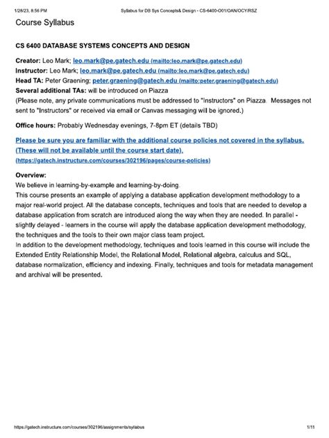 Syllabus For Db Sys Conceptsand Design Cs 6400 O01 Pdf