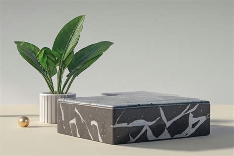 자연주의 디자인 정사각형 모양 연단 디스플레이 빛과 그림자 식물과 회색 대리석 테마 최소한의 스타일 3d 렌더링 0명에 대한