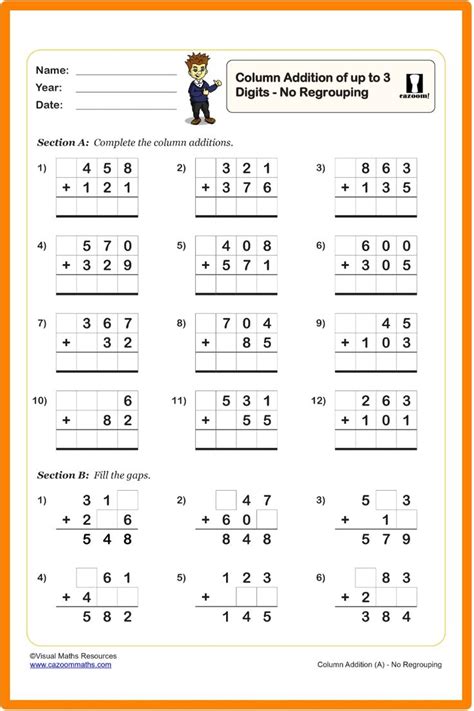 Column Addition Of Up To 3 Digits No Regrouping