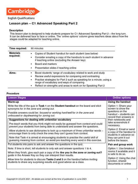 C1 Advanced Lesson Plan Speaking Part 2 Pdf Lesson Plan Vocabulary