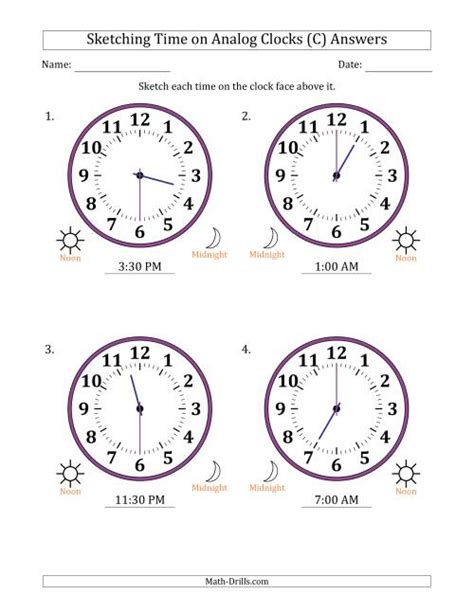 Sketching 12 Hour Time On Analog Clocks In 30 Minute Intervals 4 Large Clocks C