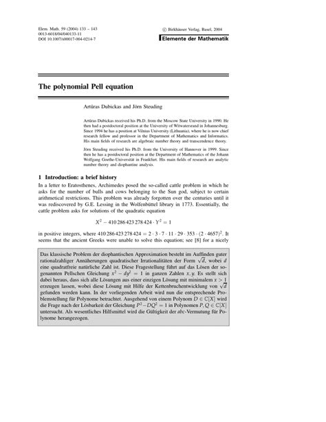 Pdf The Polynomial Pell Equation