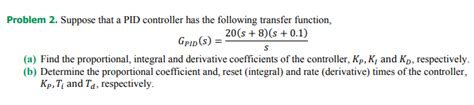 Solved Problem Suppose That A PID Controller Has The Chegg Com