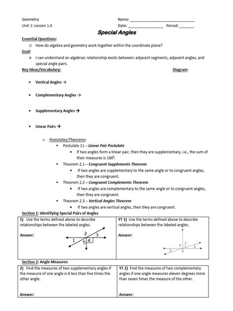 Geometry Unit 1 Lesson 14 Special Angles New Download Free Pdf Angle Geometry