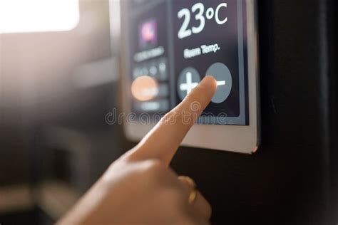 Smart Home System Wall And Woman Hands With Digital App Monitor For Thermostat Heating