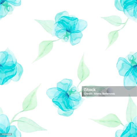 흰색 배경에 줄기와 잎이 있는 반투명 맑은 파란색 꽃의 수채화 그림 일러스트레이션 스티커 카드 스크랩북에 대한 좋은 그림 0명에 대한 스톡 벡터 아트 및 기타 이미지