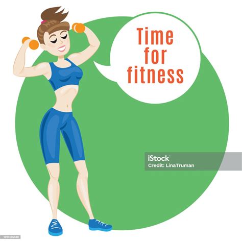 스포츠웨어를 입은 스포티 한 젊은 여성 덤벨로 소녀를 맞 춥니 다 웃는 만화 소녀는 피트니스를 하자고 말한다 스포츠 컨셉 벡터