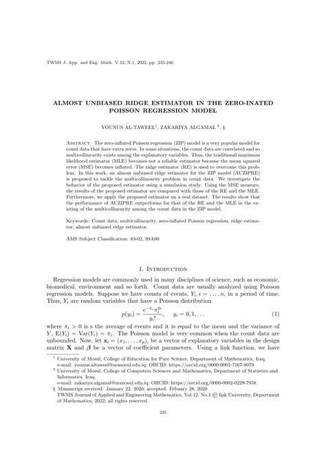 Pdf Almost Unbiased Ridge Estimator In The Zero Inated Poisson Regression Model